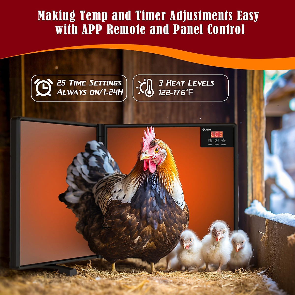 Chicken Coop Heater for Winter with Remote Control, 180W Foldable Radiant Heaters for Chicken Coop,30''x12'' Large Panel Chicken Coop Accessories with Adjustable Timer and Temp,Safer Than Brooder Lamp