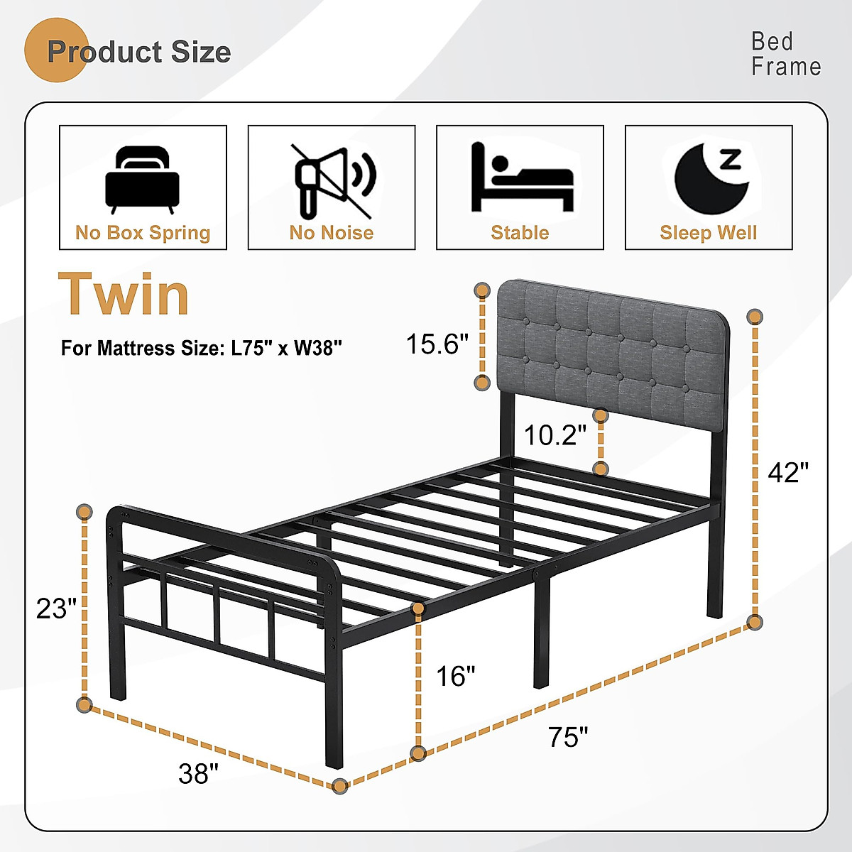 EMODA 16 Inch Twin Size Bed Frames with Upholstered Headboard and Metal Footboard, Heavy Duty Metal Slats Support Mattress Foundation, No Box Spring Needed, Easy Assembly