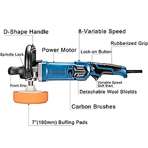 DongCheng Buffer Polisher, 1250W Car Buffer with 600-3500 RPM. 7 Inch Mini Polisher with 8 Variable Speed, Detachable D-shape Handle, Car Buffer Waxer for Car/Boats Detailing and Waxing