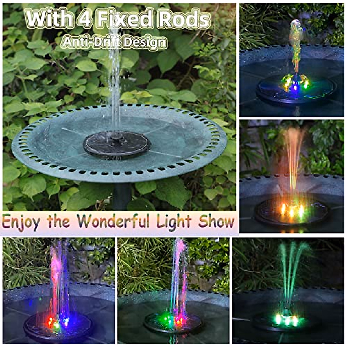 ALUKIKI Solar Fountain 4W Bird Bath Fountains Pump Upgraded Glass Panel Solar Powered Water Fountains with Color LED Lights 7 Nozzles & 4 Fixers for Garden Small Pond Outdoor Swimming Pool Fish Tank
