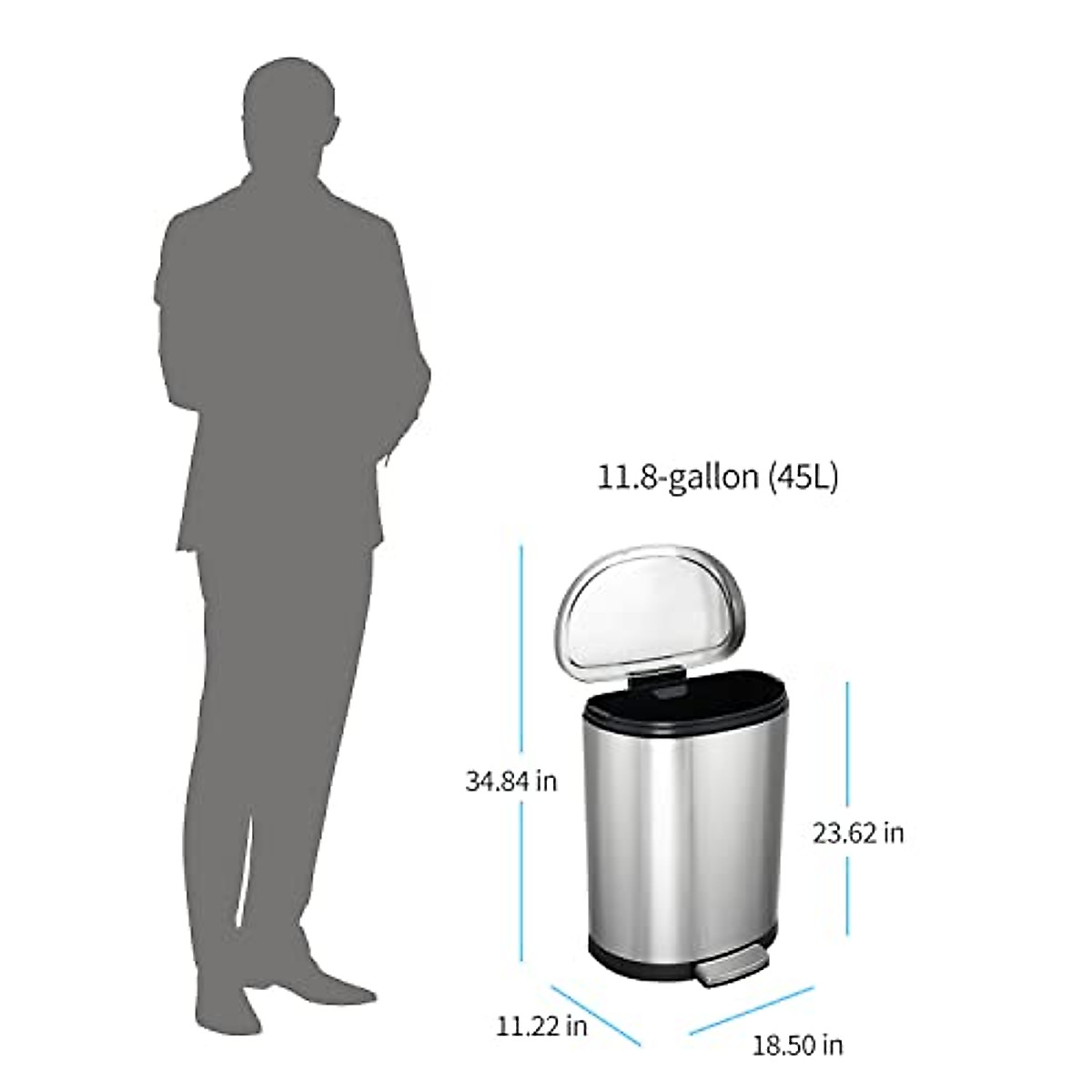 SIMPLYKLEEN Kleen-Fit 11.8-Gallon Semi-Round Hands-Free Kitchen Stainless Steel Trash Can with Lid. Great for Dorms, Kitchen, Bathroom, or Office.