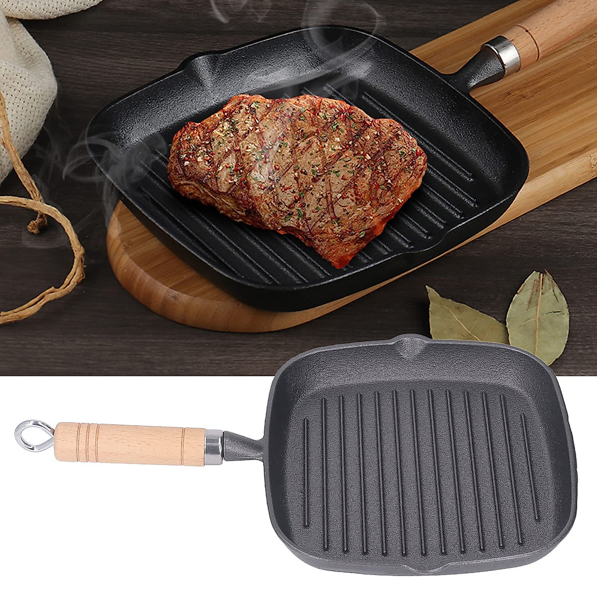 Cast Iron Grill Pan,Square Nonstick Grill Pan,Multipurpose Prevents Stick Quadrate Steak Pan,Stove Top Grill Pan with Detachable Wooden Handle for Bacon Steak Onion