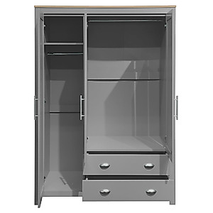 Merax 3 Doors Grey Wood Wardrobe Cabinets, Bedroom Accent Armoire Closet Organizer with Big Drawers, Hanging Rails and Shelve, Functional Clothes Storage Cabinet for Home Room, Dorm, Apartment, Gray