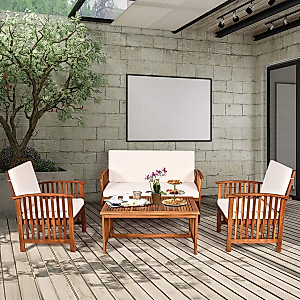 Tangkula Outdoor 4 Pcs Acacia Wood Sofa Set w/Water Resistant Cushions, Padded Patio Seating Chat Set w/Coffee Table for Garden, Backyard, Poolside (1, White)