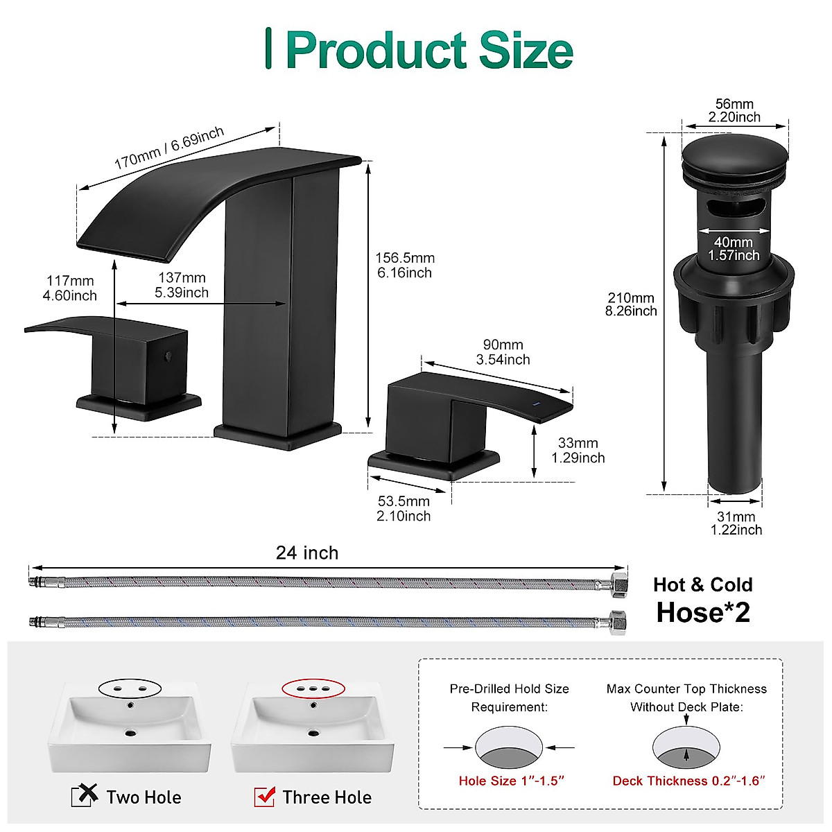 VOTON Waterfall Bathroom Faucets Black, Widespread Bathroom Sink Faucet 3 Hole with Drain Assembly, 8 Inch Modern Vanity 2-Handles Faucet