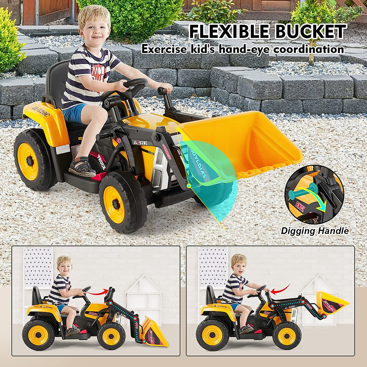 JOYLDIAS 12V Ride On Excavator with 2.4GHz Remote Control, Electric Construction Vehicle Bulldozer for Kids Digger with 3 Speeds, Bluetooth, Microphone Jack, Music, Lights, Yellow