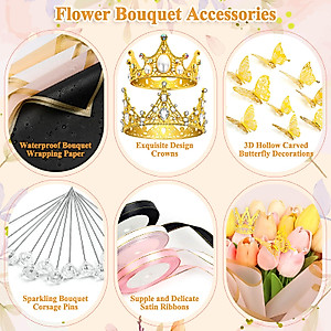 cridoz 195Pcs Flower Bouquet Accessories, 40 Floral Wrapping Paper, 4 Gold Crowns, 48 Butterfly Decorations, 100 Flower Pins and 3 Ribbons for Bouquets, Florist Supplies