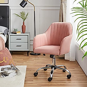 Yaheetech Velvet Office Desk Chair Height Adjustable Task Chairs Modern Office Chair Makeup Chair 360° Swivel Computer Chair Mid Back Chair Living Room Chairs with Arms&Stainless Base Accent Pink