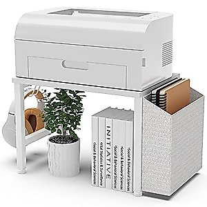 VEDECASA White Wooden Under Desk Printer Stand Holder with Storage Bin Headphone Hook for Home Office, Multi Purpose Organizer Modern Desktop Printer Shelf with Adjustable Anti-Skid Pads (White)
