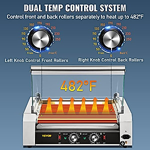 VEVOR Hot Dog Roller, 30 Hot Dog Capacity 11 Rollers, 1800W Stainless Steel Cook Warmer Machine w/Cover & Dual Temp Control, LED Light & Detachable Drip Tray, Sausage Grill Cooker for Kitchen Canteen
