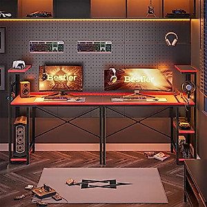 Bestier Gaming Desk with LED Lights, Computer Desk with 4 Tiers Shelves, 44 Inch Office Desk with Storage Bag & Printer Shelf (Black Carbon Fiber)