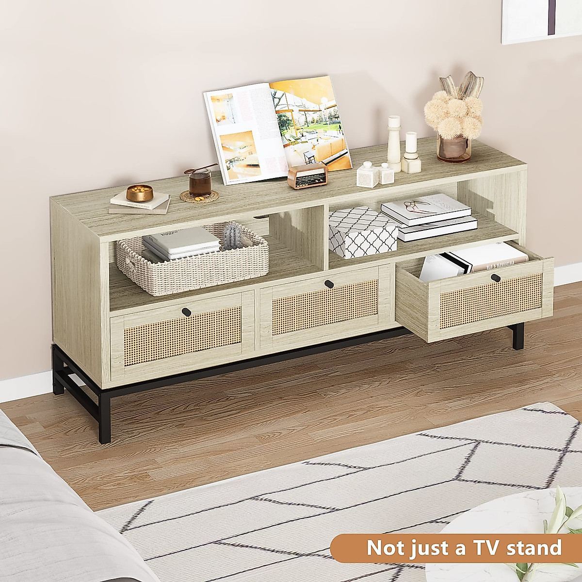 Lamerge 47.2" Rattan TV Cabinet/TV Stand/TV Table with 3 Drawers,Media Console,Boho Farmhouse Entertainment Center,Storage Cabinet for Living Room or Media Room,Natural Oak