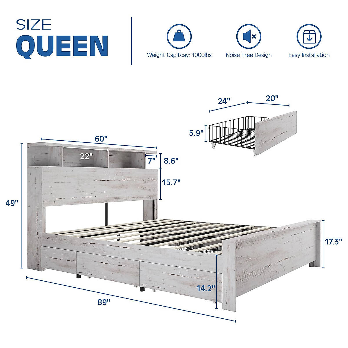 LUXOAK Queen Bed Frame with 49" Tall Bookcase Headboard, Metal Platform Bed with 4 Storage Drawers, LED Lights & Charging Station, No Box Spring Needed, Easy Assembly, Rustic White