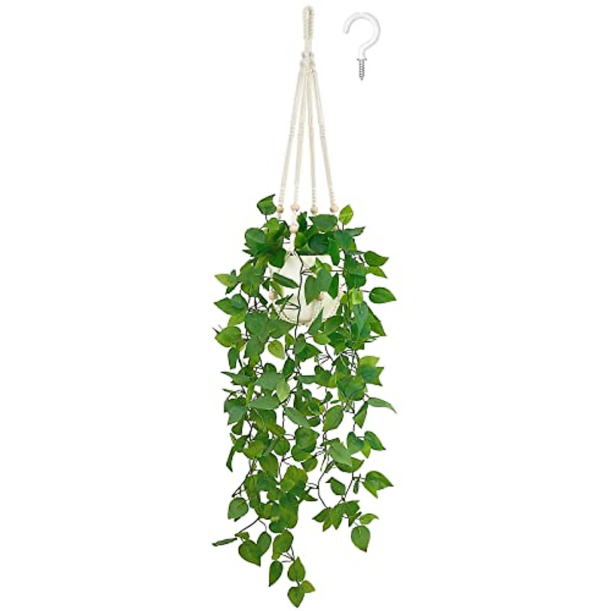 Mkono Fake Hanging Plant with Pot, Artificial Plants for Home Decor Indoor Macrame Plant Hanger with Faux Vines Hanging Planter Greenery for Bedroom Bathroom Kitchen Office Decor, Ivory (Pothos)