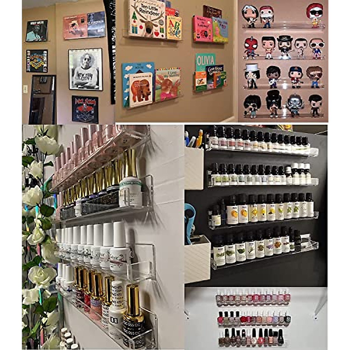 Cq acrylic 4 Pack Acrylic Clear Floating Bookshelf for Kids Room,15" Invisible Wall Mounted Hanging Book Shelves, U Modern Picture Ledge Display Toy Storage Vinyl Record Wall Shelf,Clear