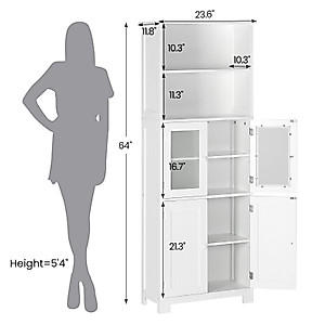 Tiptiper Bathroom Storage Cabinet, Tall Bathroom Cabinet with Adjustable Shelves and Glass Doors, for Bathroom, Kitchen, 11.2" D x 23.6" W x 64" H, White
