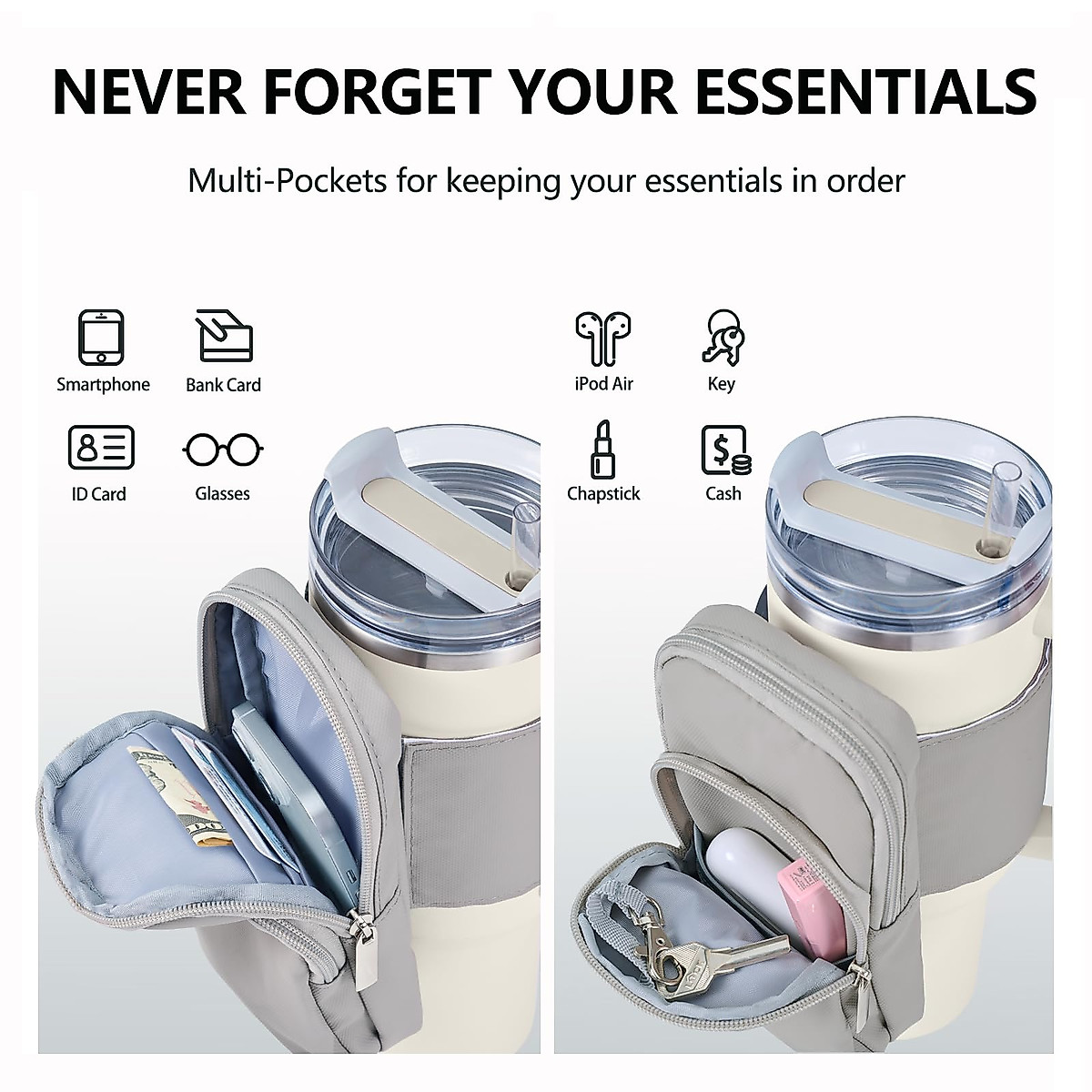 SUITMAT Water Bottle Pouch for Stanley Quencher H2.0 FlowState Tumbler, Large Pouch Bag for Stanley Cup Accessories, Cup Backpack with Multiple Pockets for Phone, Cards, Keys (Bag Only)