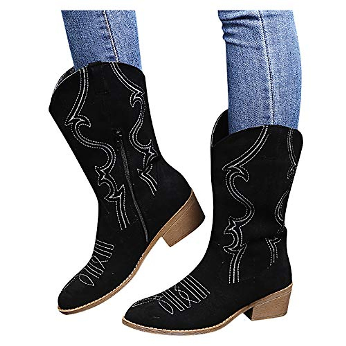 YfiDSJFGJ knee high cowboy boots women retro zipper square heel middle round toe shoes chelsea boots low heel pointed toe outdoor short ankle booties black sparkly boots