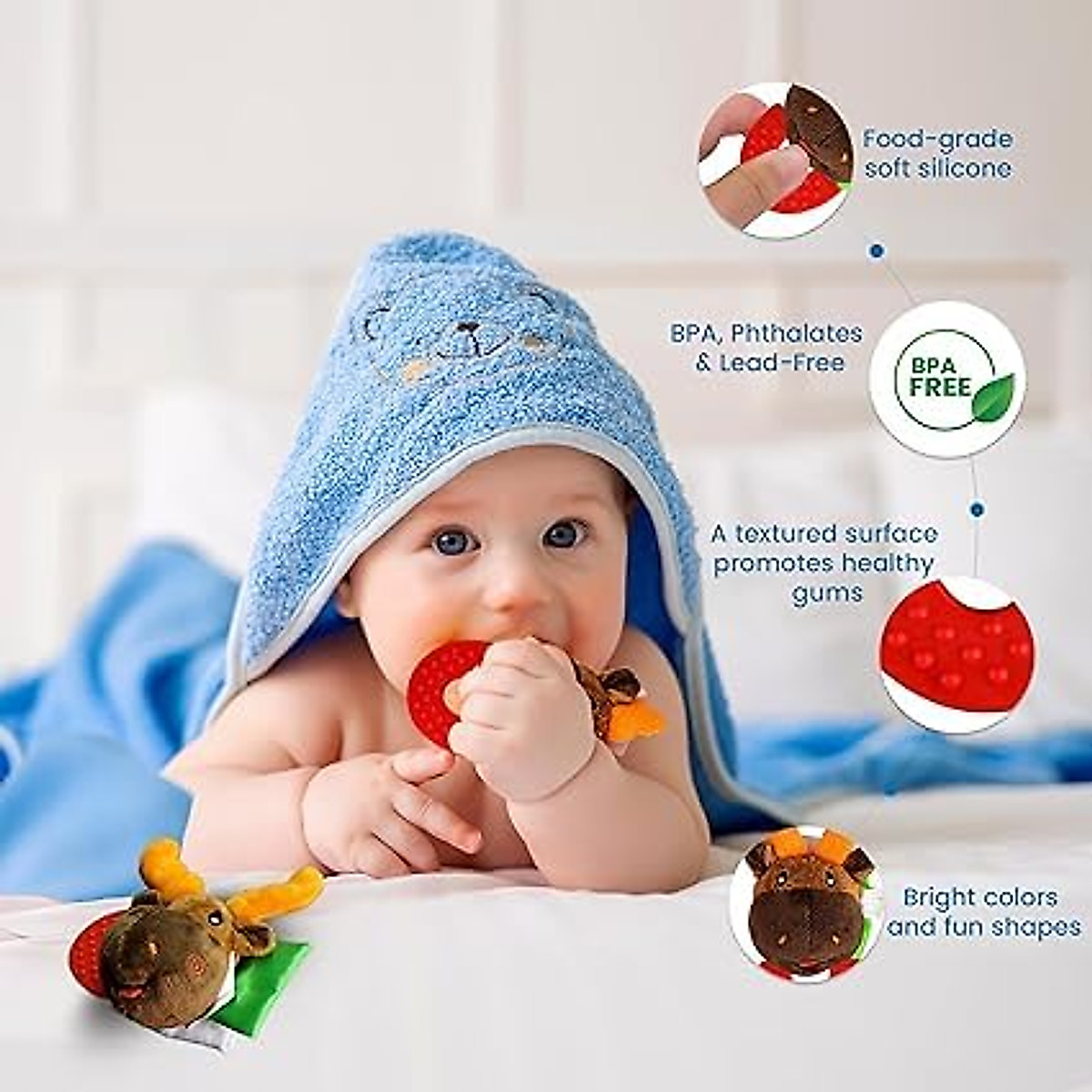 Wristy Buddy Teething Ring for Babies 0-6 8 10 12 Months | Cute Soft Moose Animal Teething Toys & Gloves | Baby Teething Relief Toy Pack | Infant Chew Toys for 3-6 Months, 1 2 3 Years