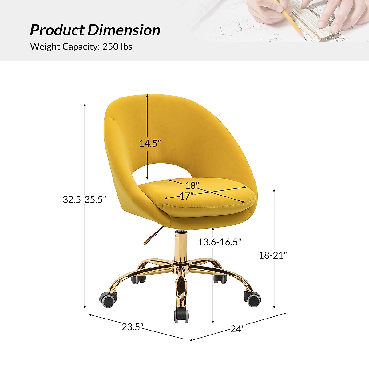 TINA'S HOME Modern Velvet Office Chair with with Adjustable Swivel, Comfy Upholstered Desk Chair with Open Back, Small Cute Chair for Living Room Study Vanity, Yellow