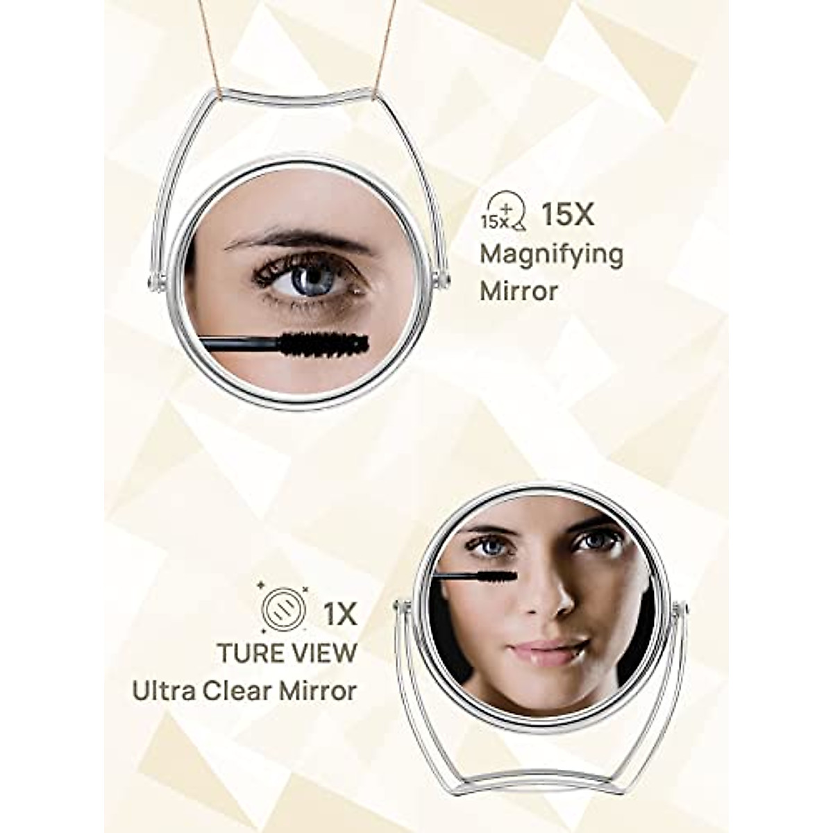 OMIRO Travel Vanity Mirror – 5 Inch Double-Sided 1X/15X Magnification Swivel Makeup Mirror with 360° Pivot Stands, Chrome Finish