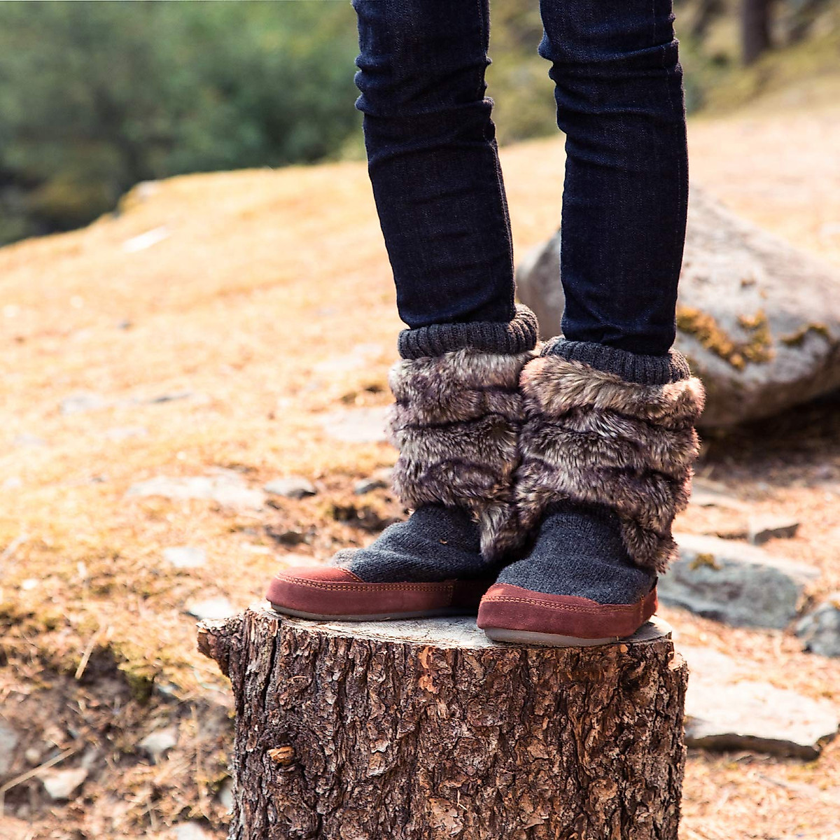 Acron Women's Mid-Calf Slouch Boot Slippers, Charcoal Faux Fur, 6.5-7.5