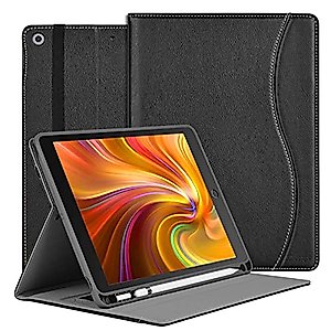 HFcoupe 10.2 Case for iPad 9th Generation 2021 / 8th Gen 2020 / 7th Gen 2019, Multiple Angles Viewing Leather Folio Protective Cover with Pencil Holder and Pocket Auto Sleep/Wake -Black