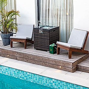 AJ Enjoy 24in Outdoor Propane Gas Fire Pit Table, 40,000 BTU Auto-Ignition Gas Firepit with Glass Wind Guard, Marble Tile Tabletop, Mixed Color Glass Rocks, Brown PE Rattan