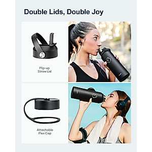 BUZIO Double Wall Stainless Steel Sports Wide Mouth Water Bottle, BPA-Free Flex Cap and Straw Lid, 40 Ounces & 32 Ounces Water Bottle