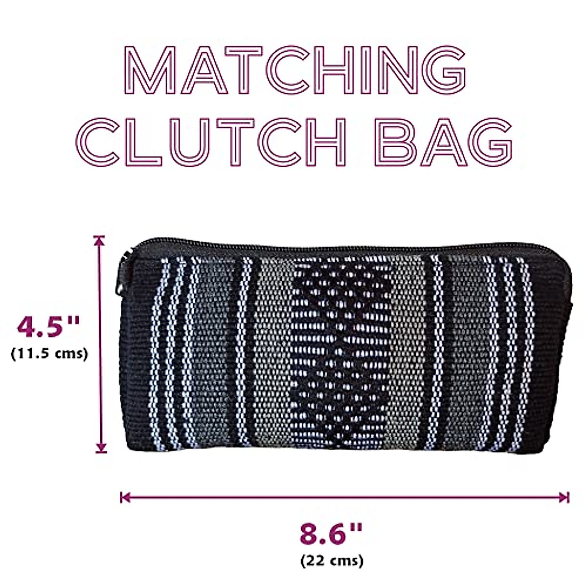 MEXICANDOO Set of Authentic Mexican Handcrafted Woven Handbag with Wooden Handles and Matching Clutch Bag for Women or Girls. Casual Purse, Bohemian, Boho, Sarape, Baja, Aztec, Summer, Beach (Black)