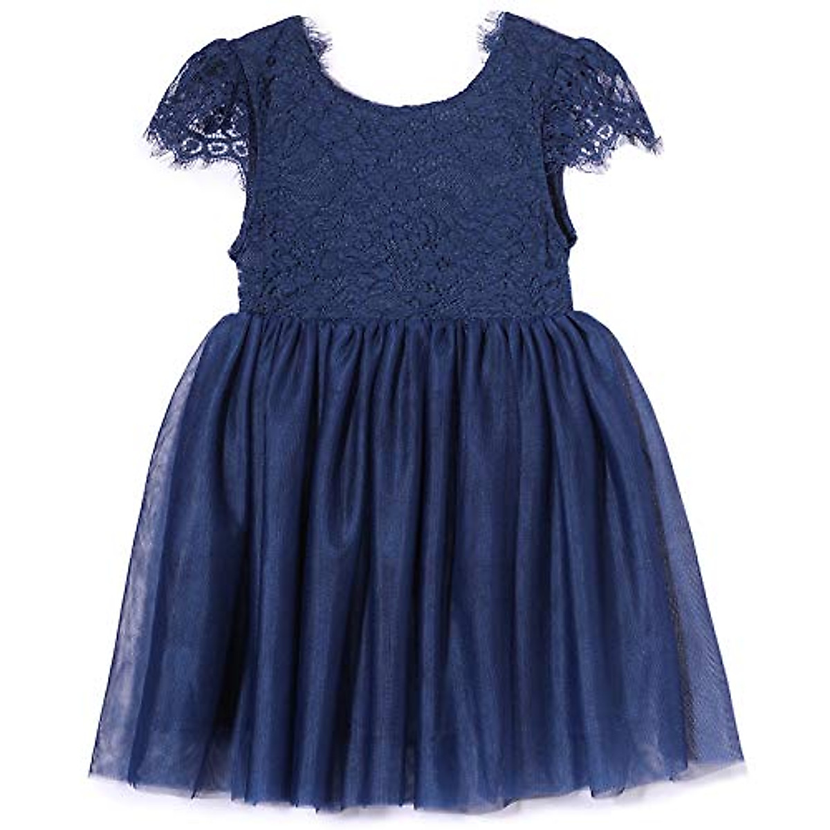 Niyage Toddler Girls Cap Sleeve Floral Lace Elegant V-Back Dress Baby Tutu Tulle Party Dresses Navy Blue 90