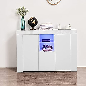Holaki 45Inch LED Sideboard Buffet Cabinet with Drawer&2 Doors Storage Shelf,High Glossy Front Kitchen Sideboard,Buffet Table with Open Shelves,Display Cabinet,Entryway Modern Cupboard for Home(White)