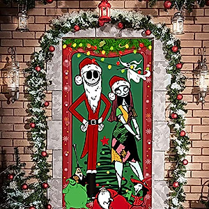Nightmare Before Christmas Door Cover Jack and Sally Xmas Backdrop Decorations for Winter Holiday Indoor Outside Front Door Party Supplies Porch Sign-70.9 x 35.4Inches