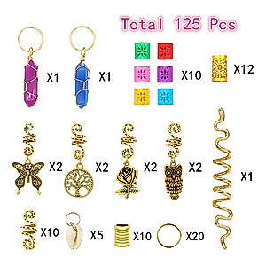 125 Pcs Dreadlocks Loc Hair Jewelry for Women Braids Hair, Crystal Gemstone Pendant Hair Accessories, Gold and Colorful Hair Rings for Braids, Cute Hair Pendants Butterfly Rose Shell and Snake