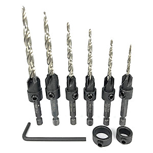 FTG USA Wood Countersink Drill Bit Set 6 Sizes Set with 6 Storage Containers for Countersink HSS M2 Tapered Drill Bits, Quick Change Hex Shank Countersink bit, 2 Stop Collar, 1 Allen Wrench