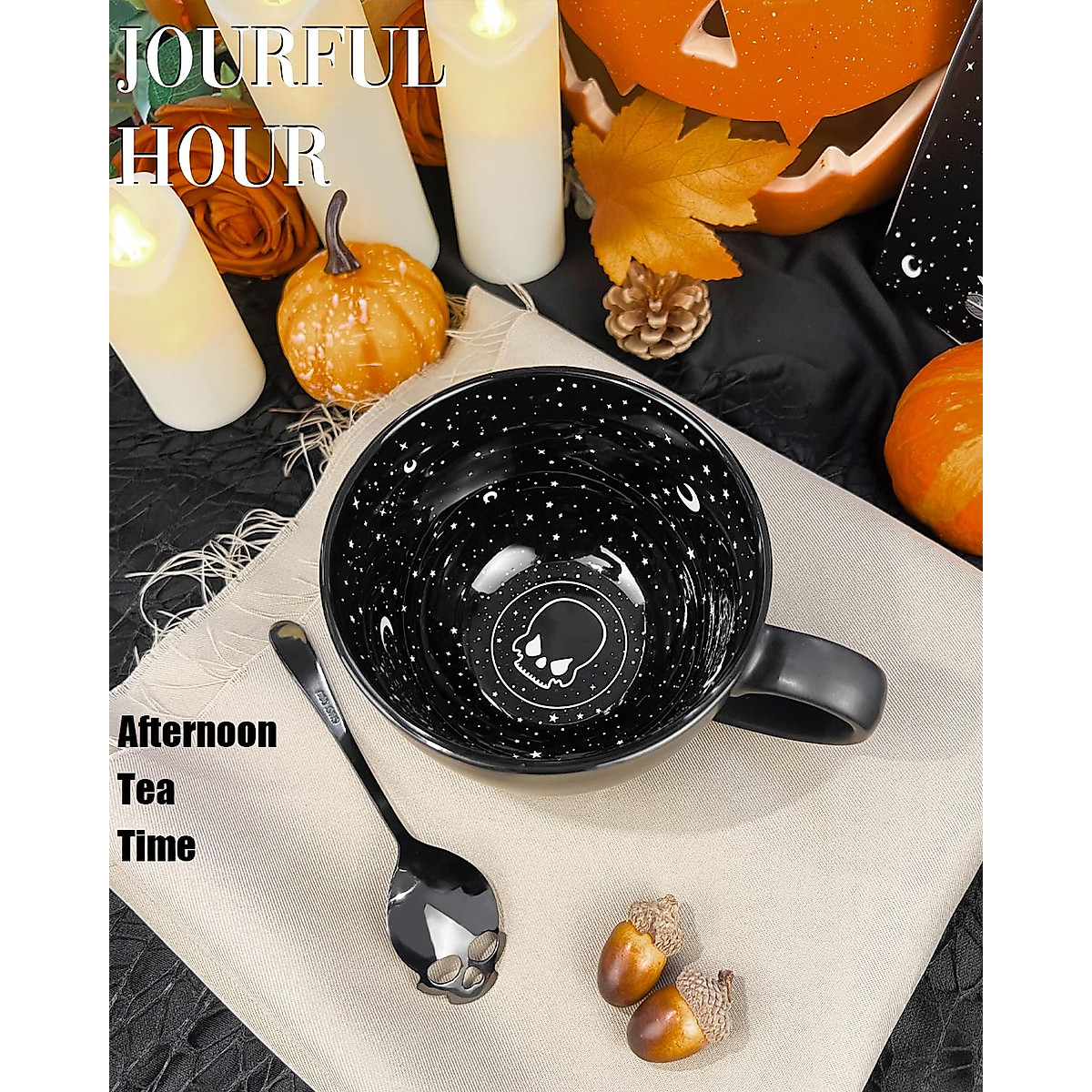 Maaacute Midnight Skull Coffee Mugs with Spoons, Halloween Christmas Birthday White Elephant Weird Gifts for Women Men Girl Friends, Halloween Spooky Witchy Gothis Decor Horror Novelty Tea Cups