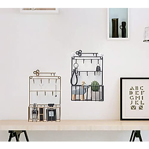 qiuqiu Wall-Mounted Shelf Home Wrought Iron Storage Basket Metal Mail Holder Keychain with Storage Baskets for Mail, Keys, Glasses-Black