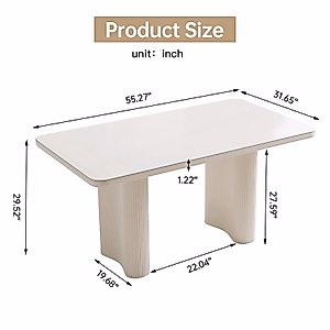 QEZEOM 55.27" Dining Table for 4-6, Modern Rectangular Kitchen Table with Wavy Design Legs, Home Office, Living Room Furniture, Easy to Assemble, White