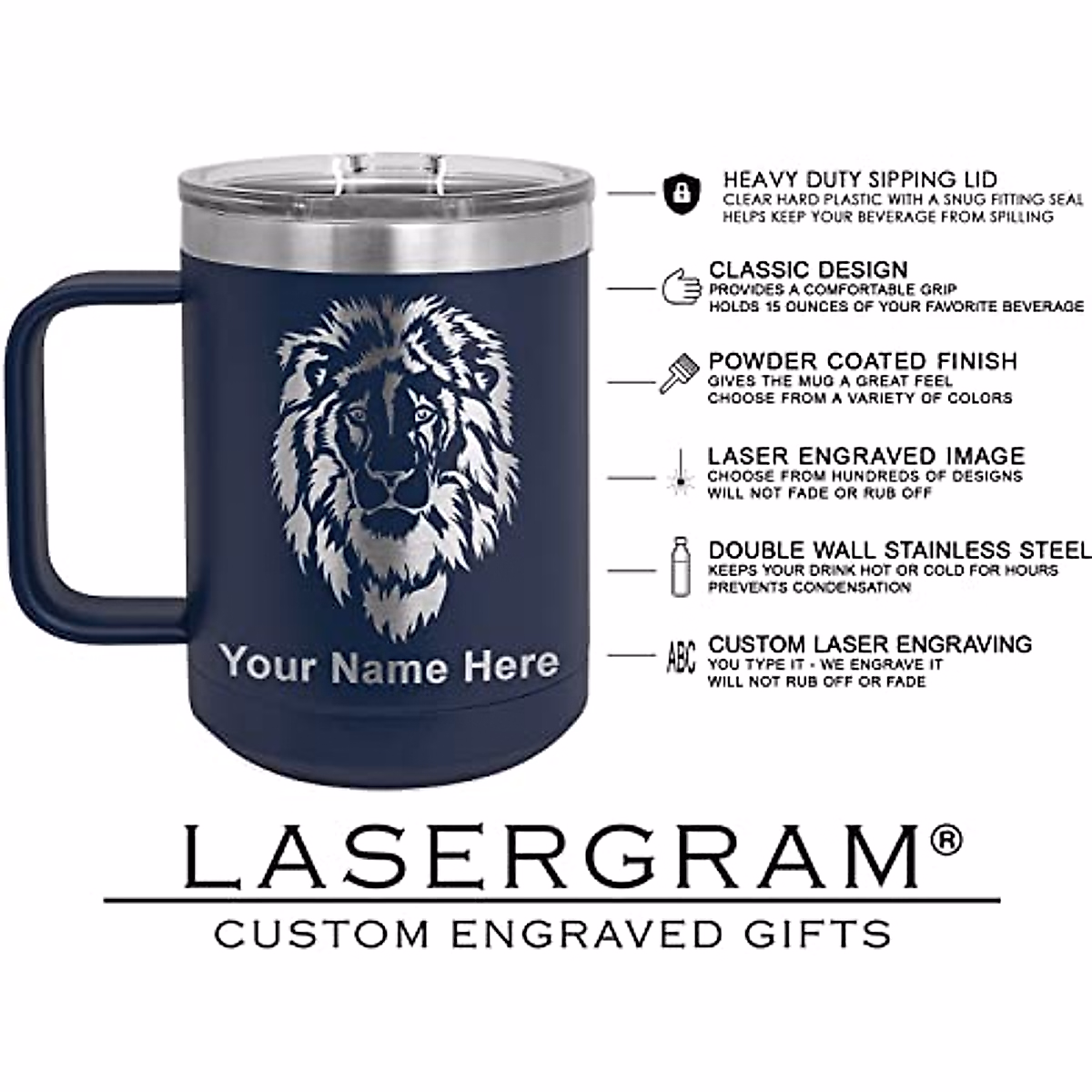 LaserGram 15oz Vacuum Insulated Coffee Mug, Military Helicopter 1, Personalized Engraving Included (Navy Blue)