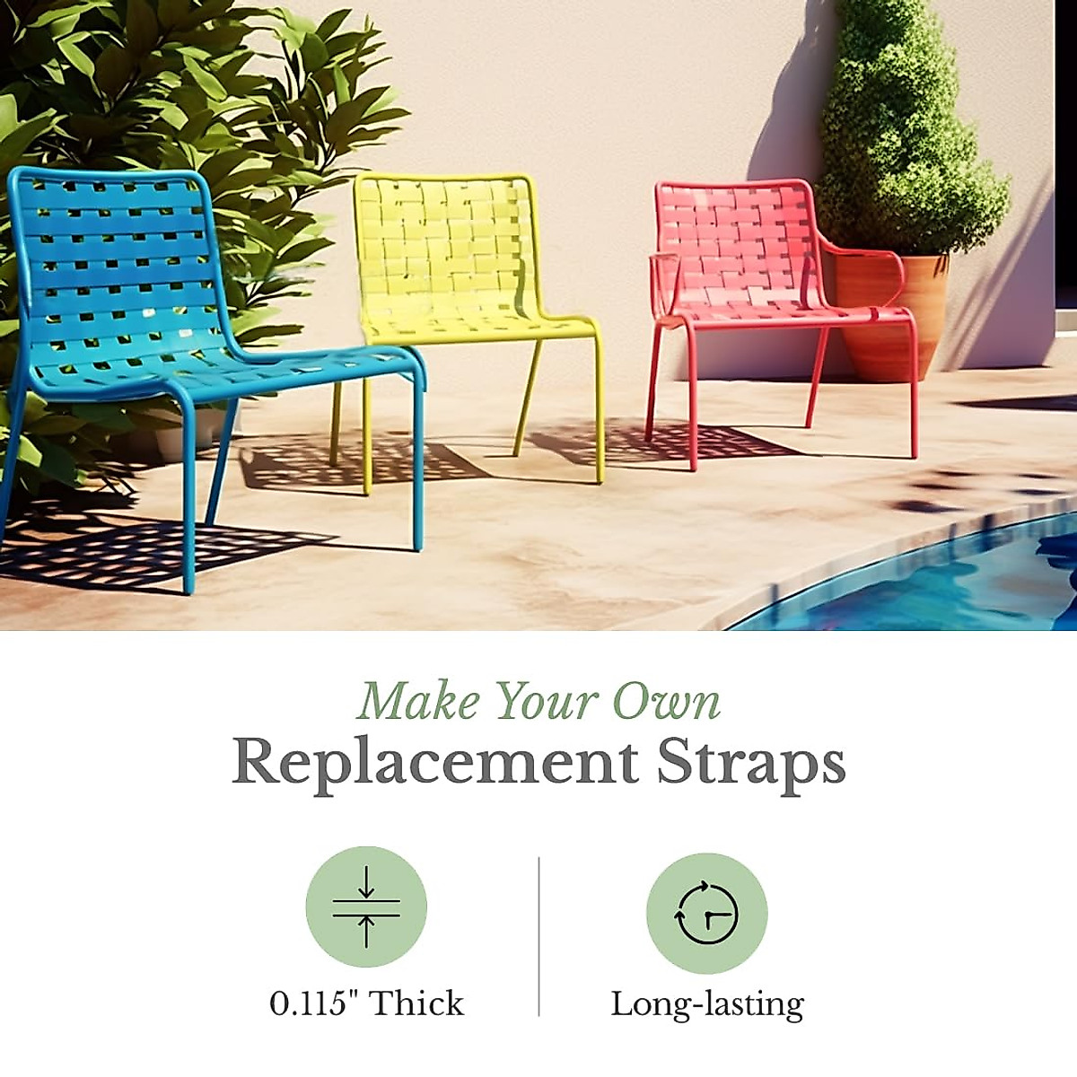 Jejavu 1.5" Wide x 20' Roll Vinyl Strap for Patio Chairs, Lawn Furniture, and Deck Chairs, Make Your Own Replacement Straps, Plus 20 Free Fasteners, (White)