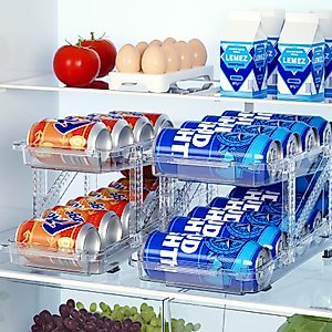 LAMU Soda Can Dispenser for Refrigerator, Set of 2 Adjustable Width Soda Can Organizer 2-Layer Beverage Pop Can Holder Drink Organizer for Fridge, Pantry, Cabinet, Countertop, Clear