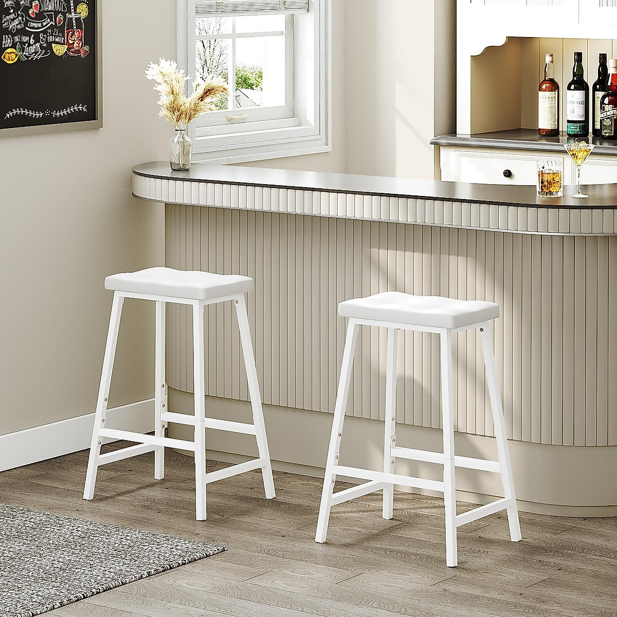 MAHANCRIS Bar Stools, Set of 2 PU Upholstered BarStools, 23.6-Inches Bar Chairs, Counter Height Bar Stools for Kitchen, Dining Room, Bar, Easy Assembly, White BABW04R01