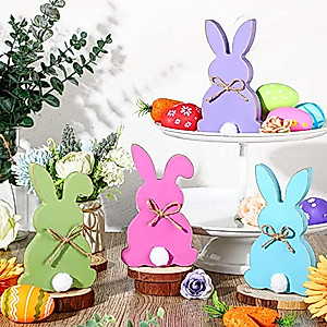 4 Pieces Easter Table Decorations Bunny Wooden Sign Spring Rabbit Wood Tabletop Block Freestanding Easter Tiered Tray Decor with Rope and Fluffy Tail Easter Decorations for Home Table Room Decor
