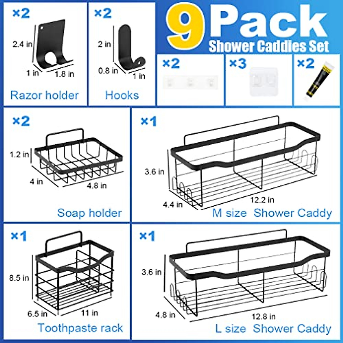 YGMMGY Shower Caddy Bathroom Organizer, Shower Shelves [9-Pack], Adhesive Shower Accessories Organizer, Large Capacity Shower Racks, Rustproof Stainless Steel Bathroom Shower Organizer