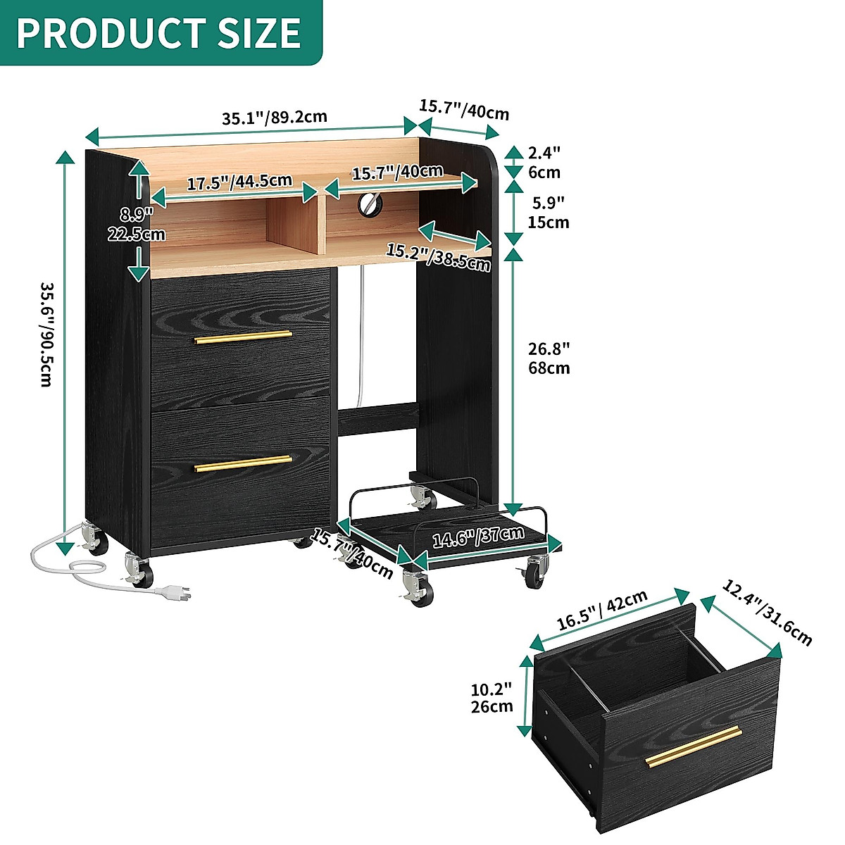 YITAHOME File Cabinet with Charging Station, Printer Table Cabinet for Home Office, Printer Stand Cart, Fits A4, Letter, Legal Size Files, Office Furniture, Black