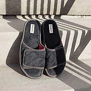Dearfoams Men's Indoor/Outdoor Adjustable Machine Washable Memory Foam Terry Slide Slipper, Black (Quilted), 11-12