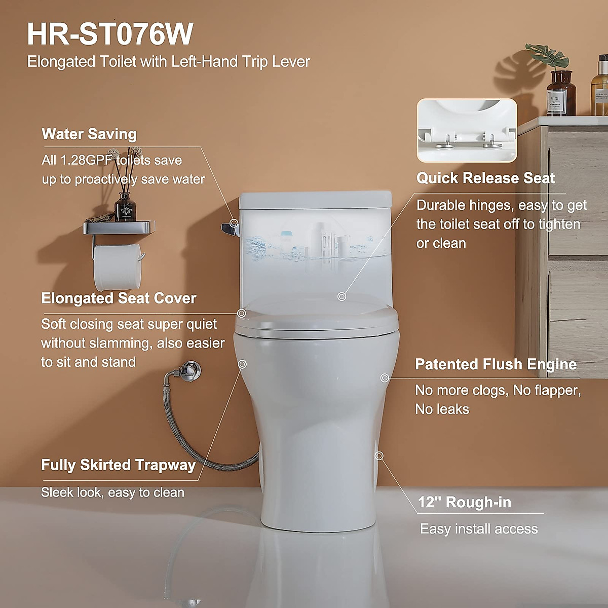 HOROW HR-ST076W Elongated Toilet with Left-Hand Trip Lever, One Piece Toilet for Bathroom, Soft Closing Seat Include, Single Side Flush High Efficiency 1.28 GPF, 12'' Rough-In, White Toilet Bowl