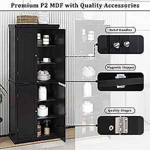 P PURLOVE 72.4" H Kitchen Pantry Cabinet with 4 Doors and Adjustable Shelves, Freestanding Tall Kitchen Pantry with 6-Tier Storage Space (Black)