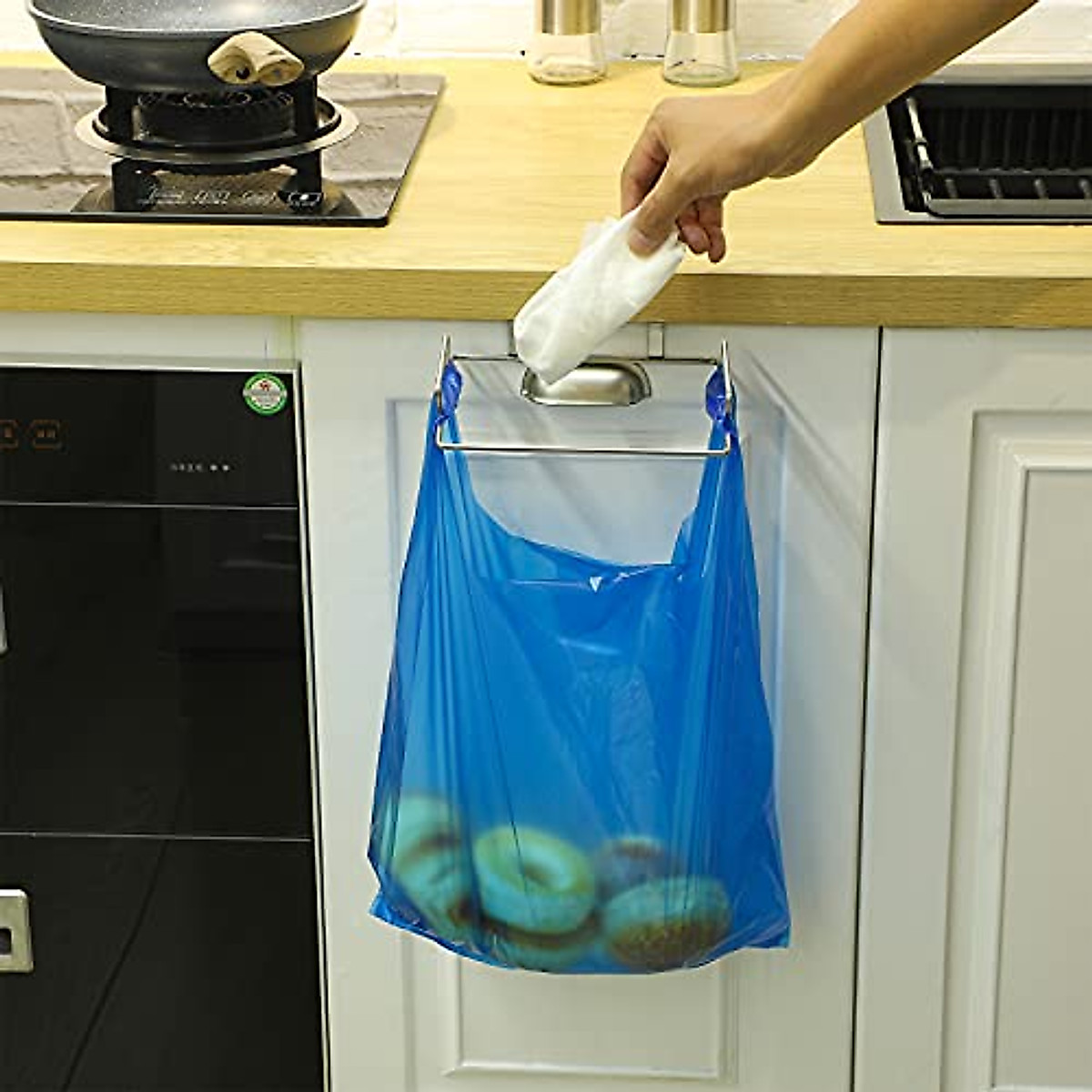 Hotop 3 Pieces Over The Cabinet Plastic Bag Holder Hanging Trash Bag Holder Made of Metal Garbage Bag Hanging Rack Rubbish Bag Holder for Kitchen Practical Sturdy Under Counter Over Door Silver