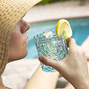 BELLAFORTE Shatterproof Tritan Plastic Short Tumbler, Set of 4, 13oz - Myrtle Beach Unbreakable Crystal Cut Old Fashioned Drinking Glasses for Whiskey - BPA Free - Dishwasher Safe - Teal